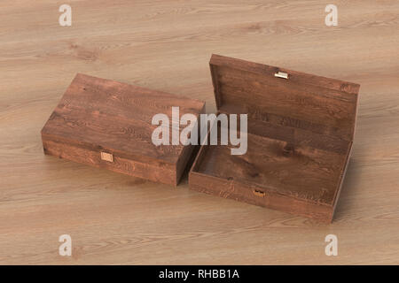 Open and closed dark wooden long boxes or caskets with wrapping foil on ...