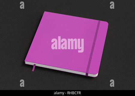 Magenta square notebook with elastic band on black background Stock ...