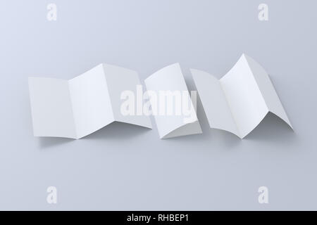 Blank trifold paper leaflet on white background. Six pages, three panel ...