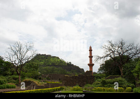 Deogiri fort old wall with Chand Minar in background, Aurangabad ...