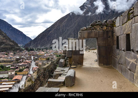 Inca ruin at Ollantaytambo with trapezoidal stone gateway Peru south ...