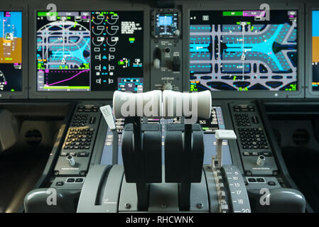 Cockpit pilot Flight Deck display. Throttle jet cabin with control ...