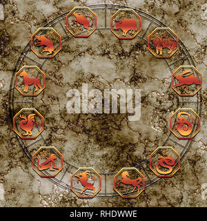 wheel with all the twelve Chinese zodiac signs Stock Photo - Alamy