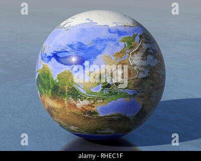 Computer-generated globe of an inverted earth on which land and water ...