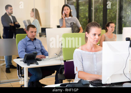Group of diligent positive cheerful business people during daily work ...