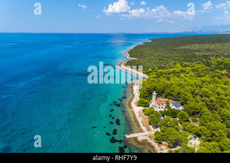 Island of Vir archipelago lighthouse and beach aerial panoramic view ...