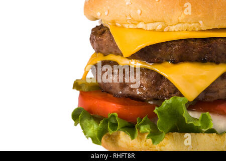Giant double meat, double cheeseburger on white backdrop Stock Photo ...