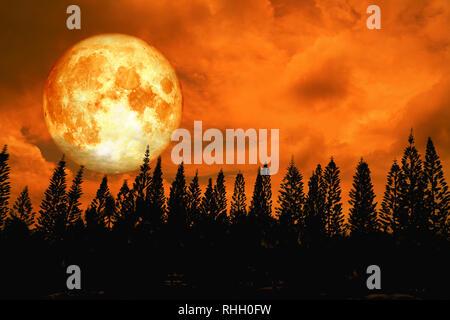 Big full red orange moon rising up on dark night sky above city lights ...