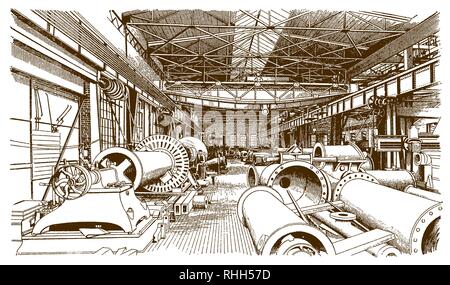 Interior view of a historic machine shop of a factory building with ...