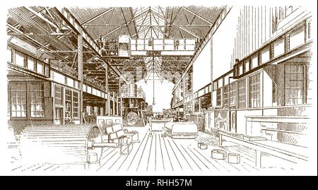 Interior view of a historic machine shop of a factory building with ...