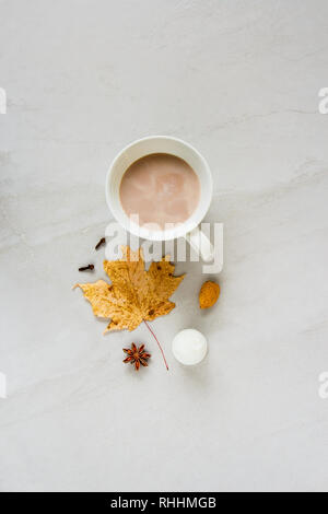 Autumn composition with cup and dried leaves on table. Flat lay, top ...