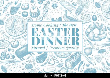 Easter dinner banner template. Vector hand drawn illustrations. Happy ...
