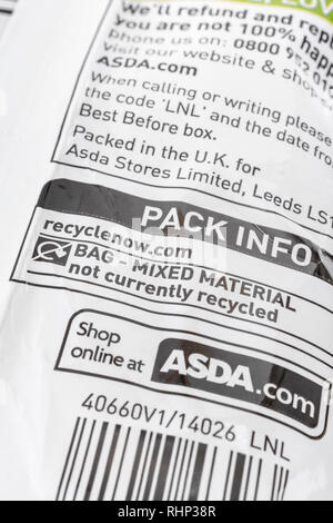 ASDA food labelling showing recycling status of food packaging. For war ...