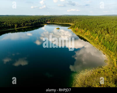 A scenic view of a lake reflecting green trees and shrubs on its shore ...