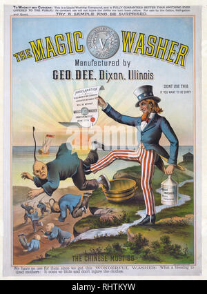 Cartoon showing Uncle Sam, with proclamation and can of Magic Washer ...