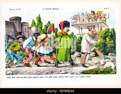 Italian political cartoon shows a procession moving from left to right ...