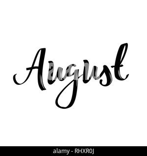 Hello august hand drawn lettering card with doodle leaves, flowers and ...