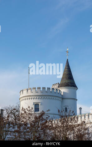 Round tower, turret and battlements at Strawberry Hill House, a Gothic ...