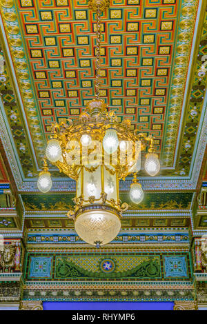 A low-angle shot of the old chandelier in the medieval Freienfels ...