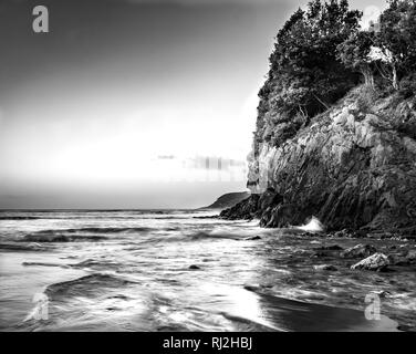 Black and white seascape image of Caswell Bay, The Gower Peninsular ...