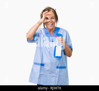 Middle age brunette cleaner woman wearing housework uniform over ...