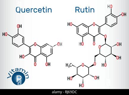 Quercetin, rutin molecule (vitamin P). Structural chemical formula ...