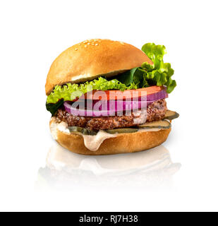 fresh tasty burger isolated on black texture background Stock Photo - Alamy