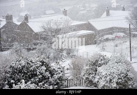 Snow early morning at Rhosgadfan, a Welsh village in the county of ...