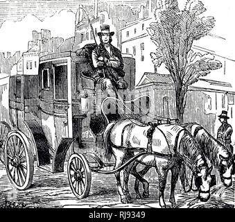 An engraving depicting a Fiacre, a form of a hackney coach, a horse ...