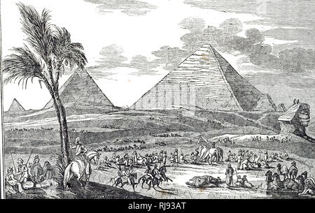 Engraving depicting the Pyramids of Giza. Ancient Egypt History. Old ...