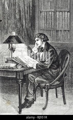 An engraving depicting a young man reading by the light of an oil lamp ...