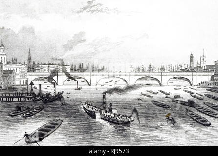 Engraving depicting the London Bridge, showing the traffic of barges ...