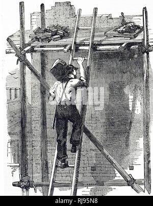 Illustration showing a bricklayer carrying a hod of bricks 1885 Stock ...