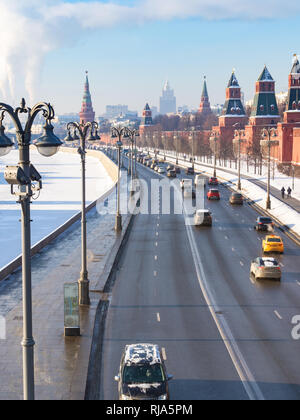 Cars drive along the Kremlin Wall during heavy snowfall in Moscow ...