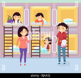 Illustration of Stickman Kids Staying at a Capsule Hotel for the Night ...