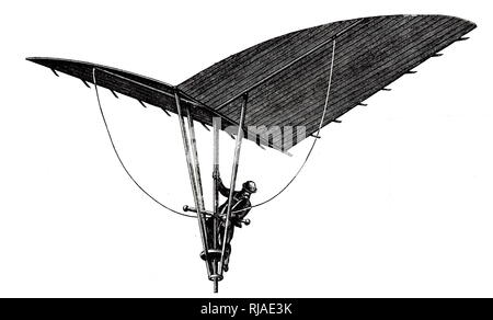 19th-century illustration of an early flying machine (isolated on white ...