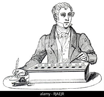 An engraving depicting a Pascal adding machine, designed in 1642 when ...