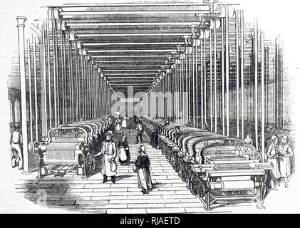 Engraving depicting a weaving shed fitted with power looms driven, via ...