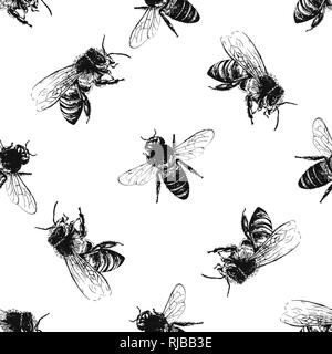 Black and white pattern of bees on flowers Stock Vector Image & Art - Alamy