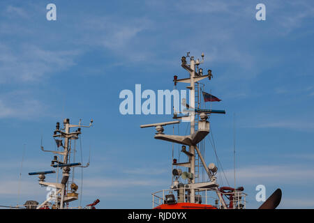 Marine navigation, GPS and radar equipment mast on a large private ...