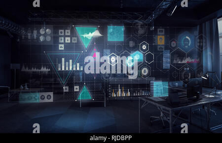 Media user interface with graphs and diagrams on modern cityscape Stock ...