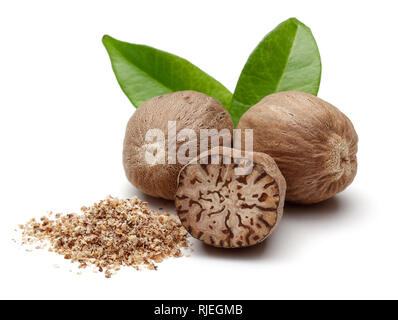 Whole and grated nutmeg with leaf isolated on white background Stock ...
