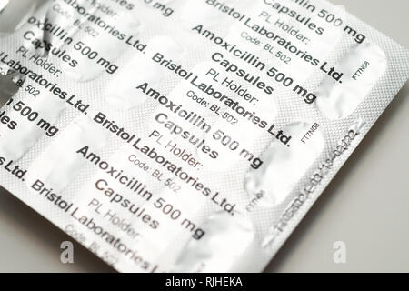 A blister pack of 500 mg AMOXICILLIN antibiotic capsules medicines ...