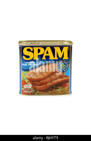 Spam a brand of canned precooked chopped pork shoulder with ham ...
