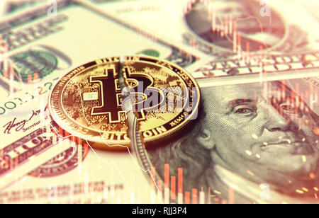 Broken or cracked Bitcoin on dollar banknotes. Bad situation of ...