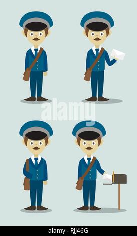 Postman with letter icon set in flat and line style. Mail carrier ...