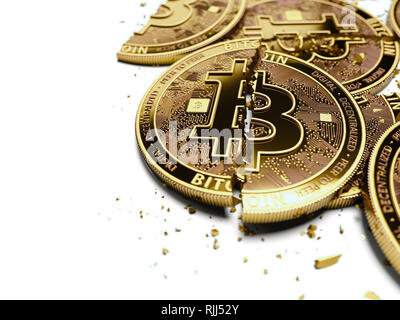 Broken or cracked Bitcoin laying on calculator with banknotes in the ...