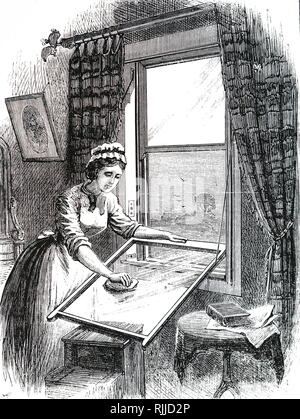 An engraving depicting a parlour maid cleaning windows. Illustrated by ...