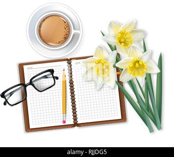 Workplace with stationary, cup with coffee, notebook, paper notes top ...