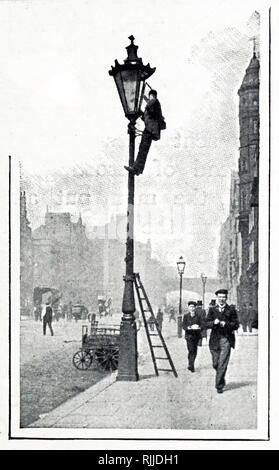 An engraving depicting a London lamplighter and his assistant ...